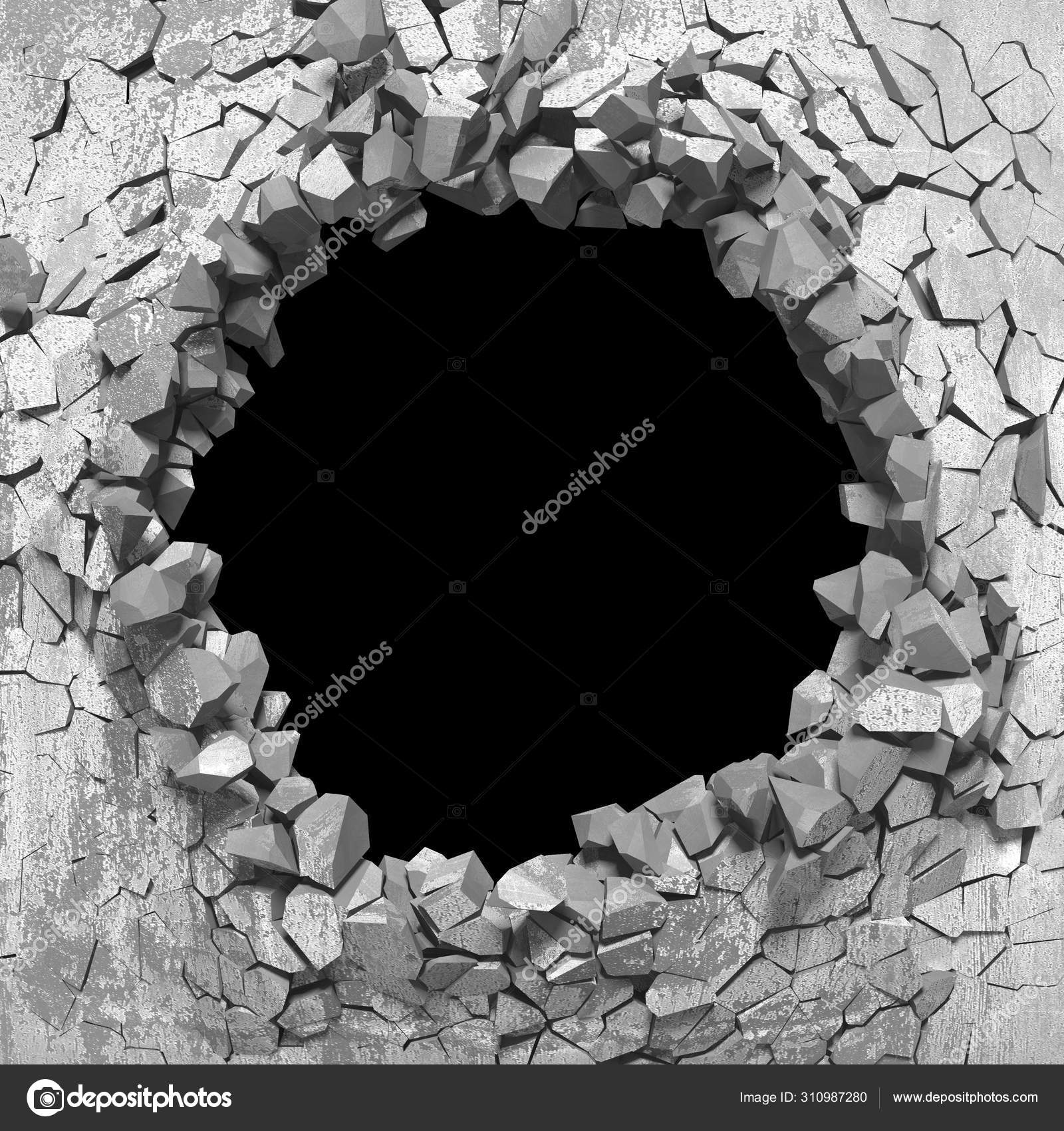 Dark destruction cracked hole in white stone wall Stock Photo by ...