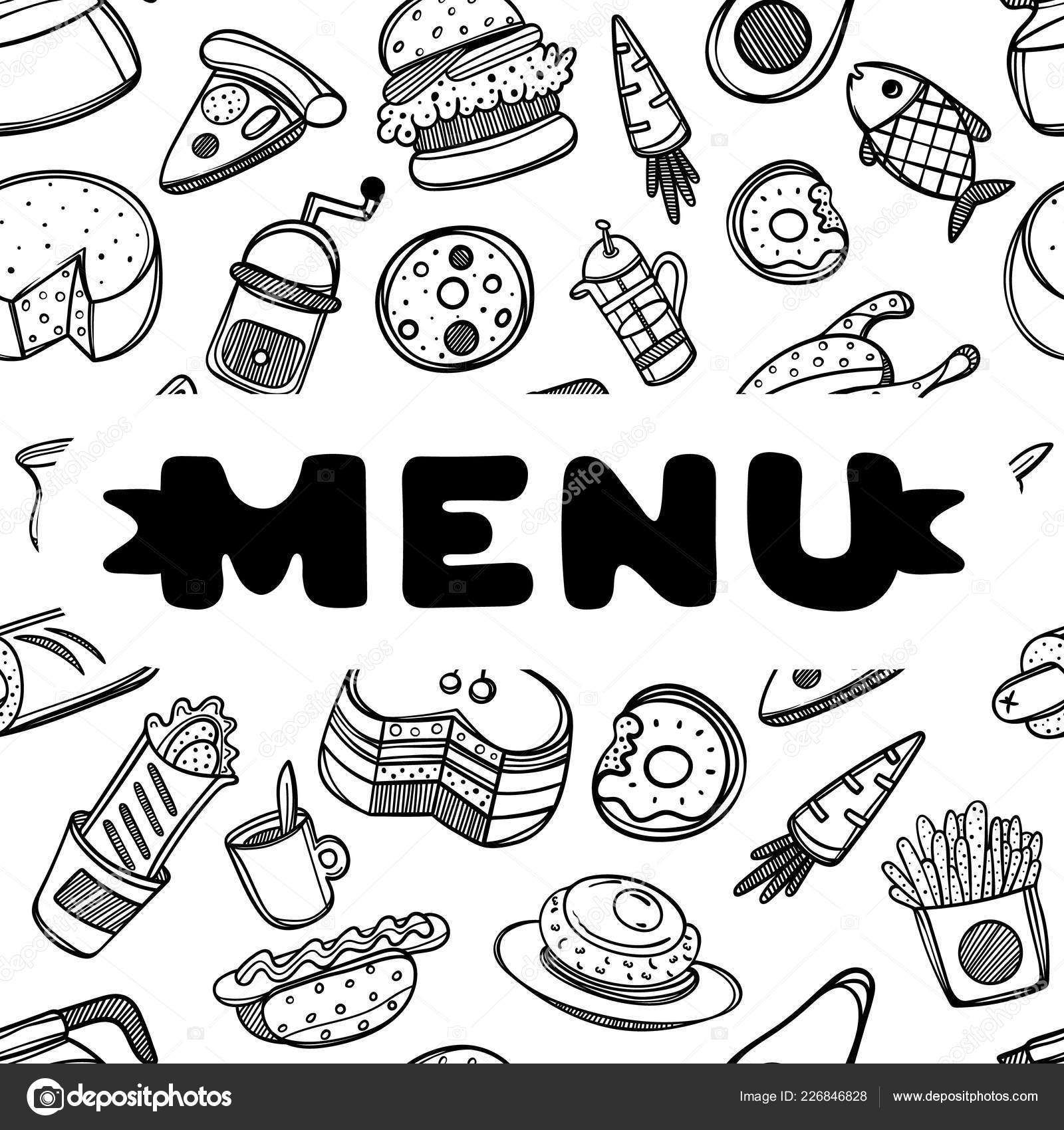 Menú dibujado a mano para café con comida. Ilustración del concepto de boceto . Vector de stock ...