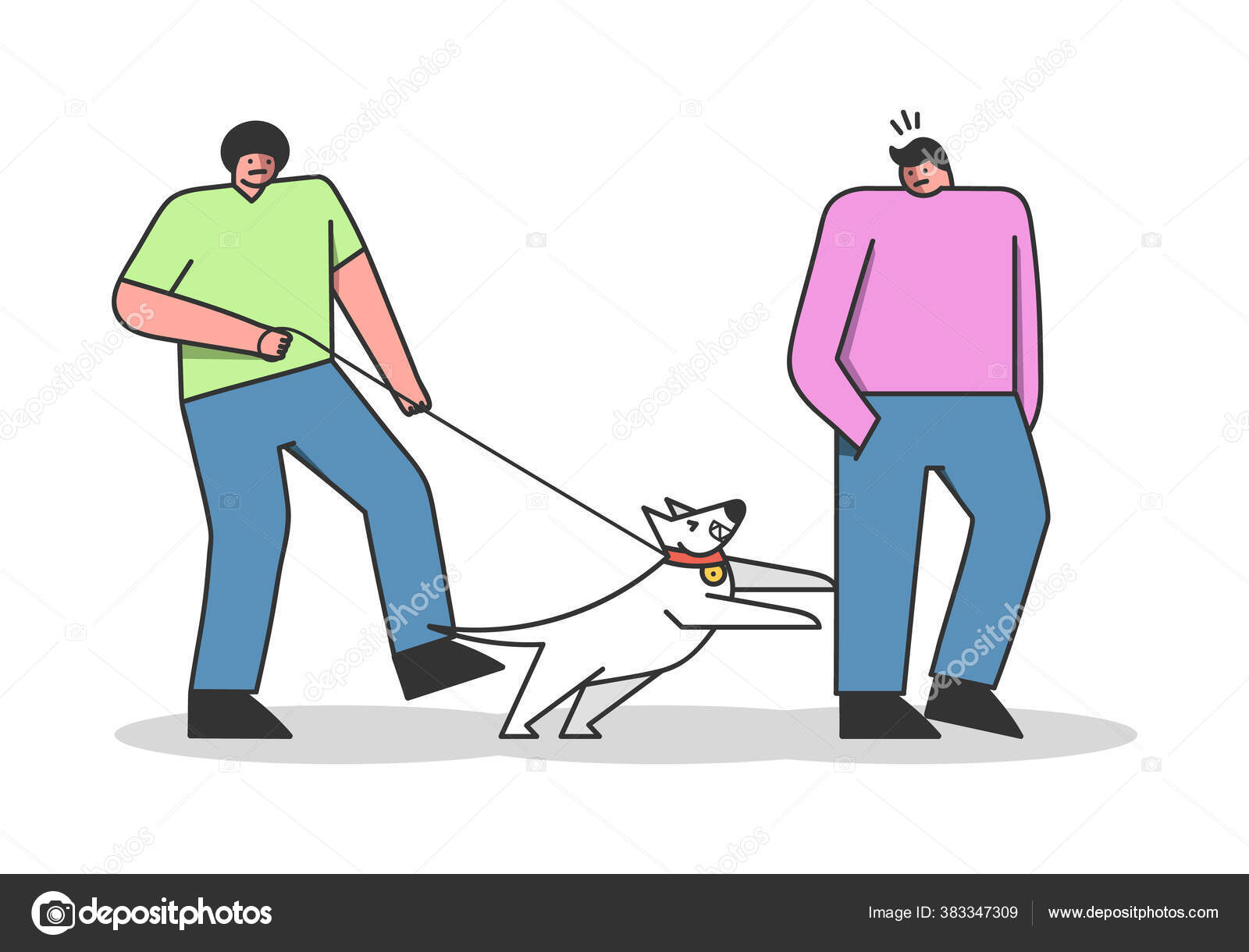 Dog attack man during walk with owner. Cartoon canine on leash barking ...