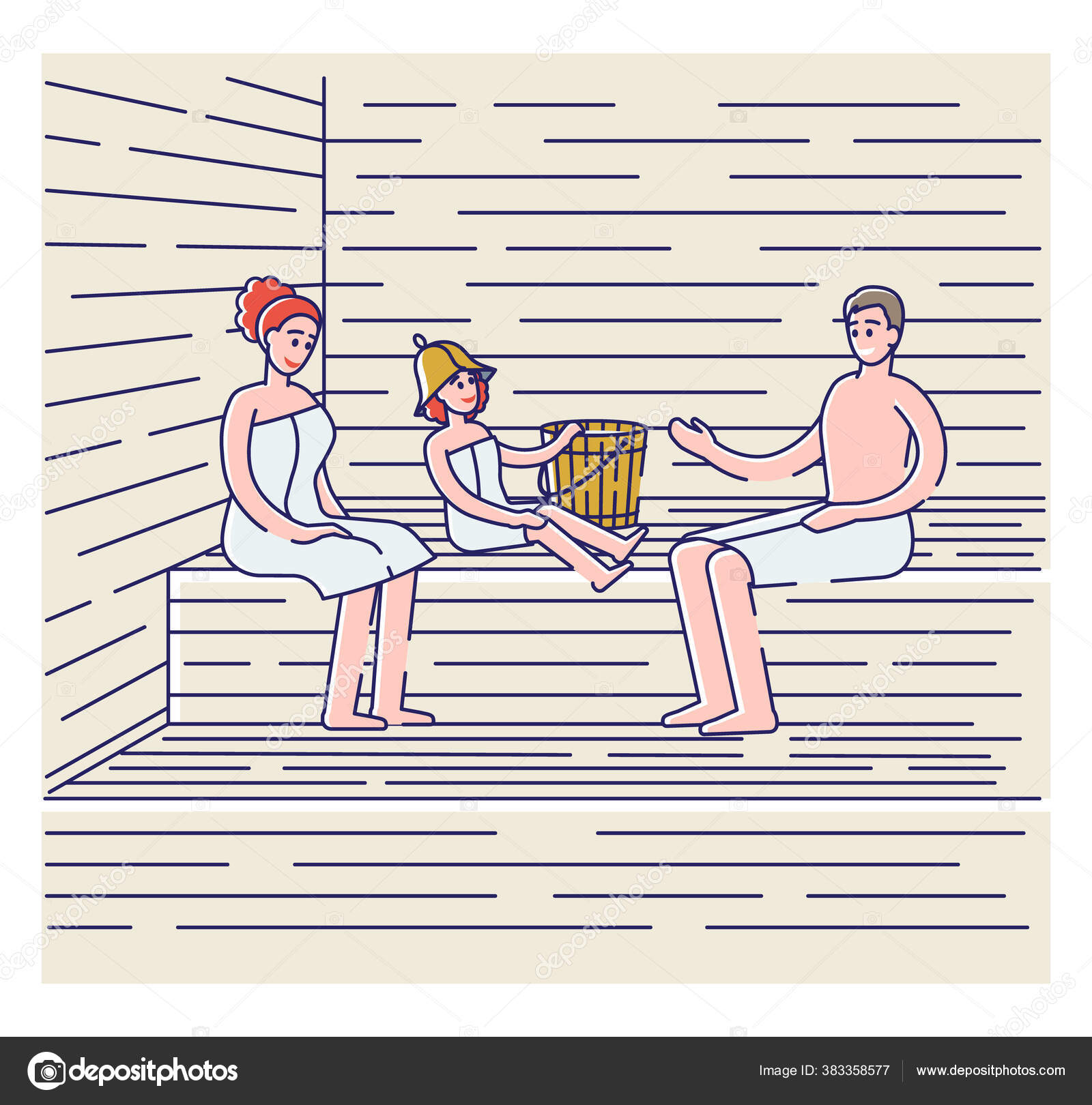 Family bathing in sauna or banya. Parents with kid in towels relaxing ...