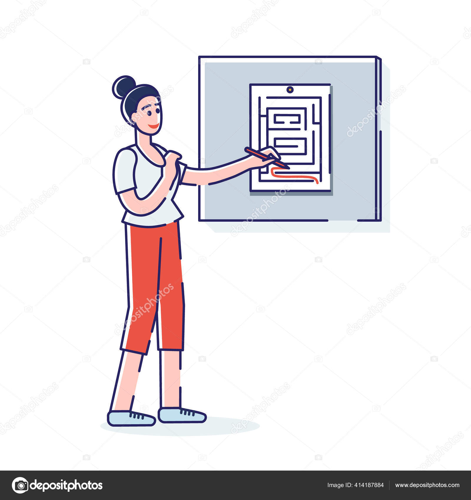 Girl solving maze game looking for way out of printed labyrinth trying ...