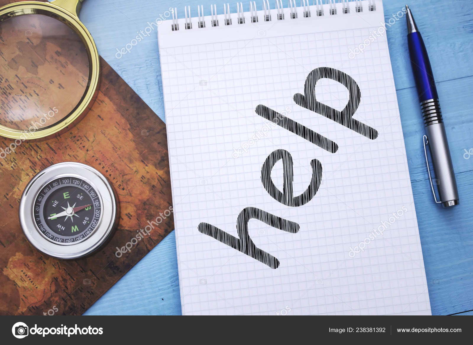 Word Help Notebook Lies Wooden Table Magnifying Glass Map Compass ...