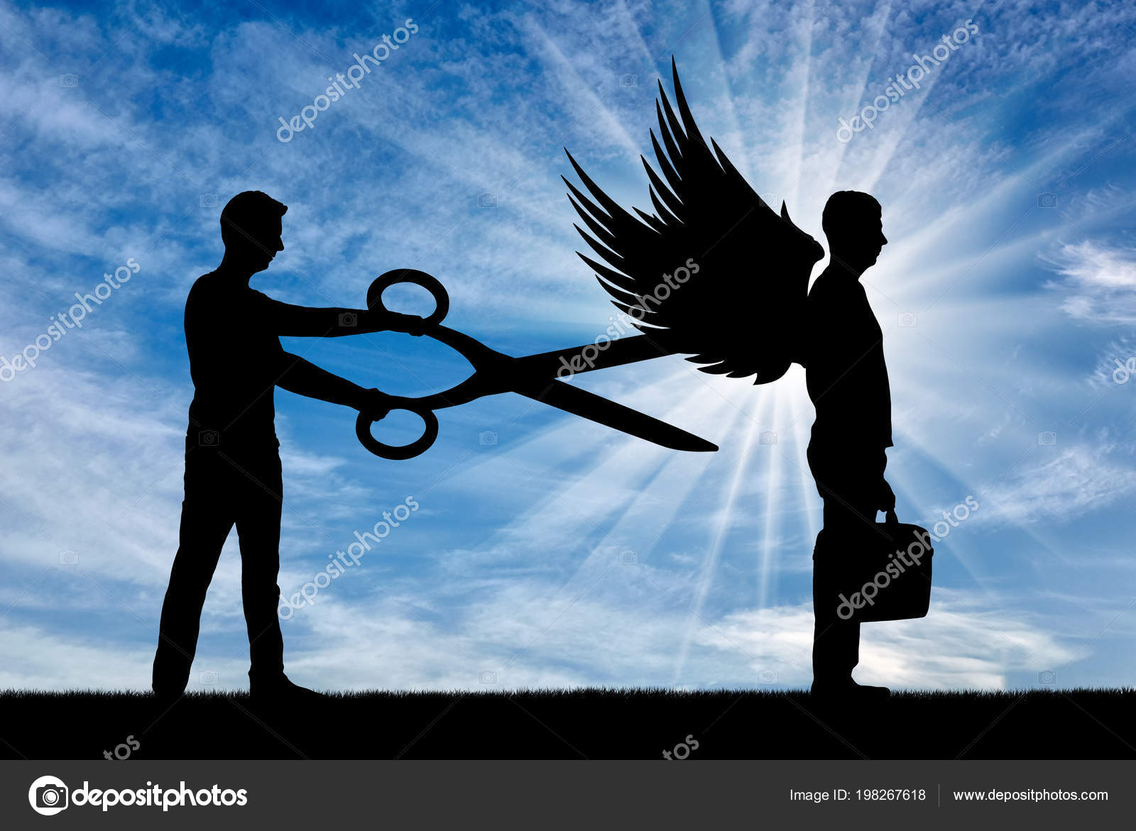 Man Big Scissors His Hands Intends Cut Wings Man Front Stock Photo by ...
