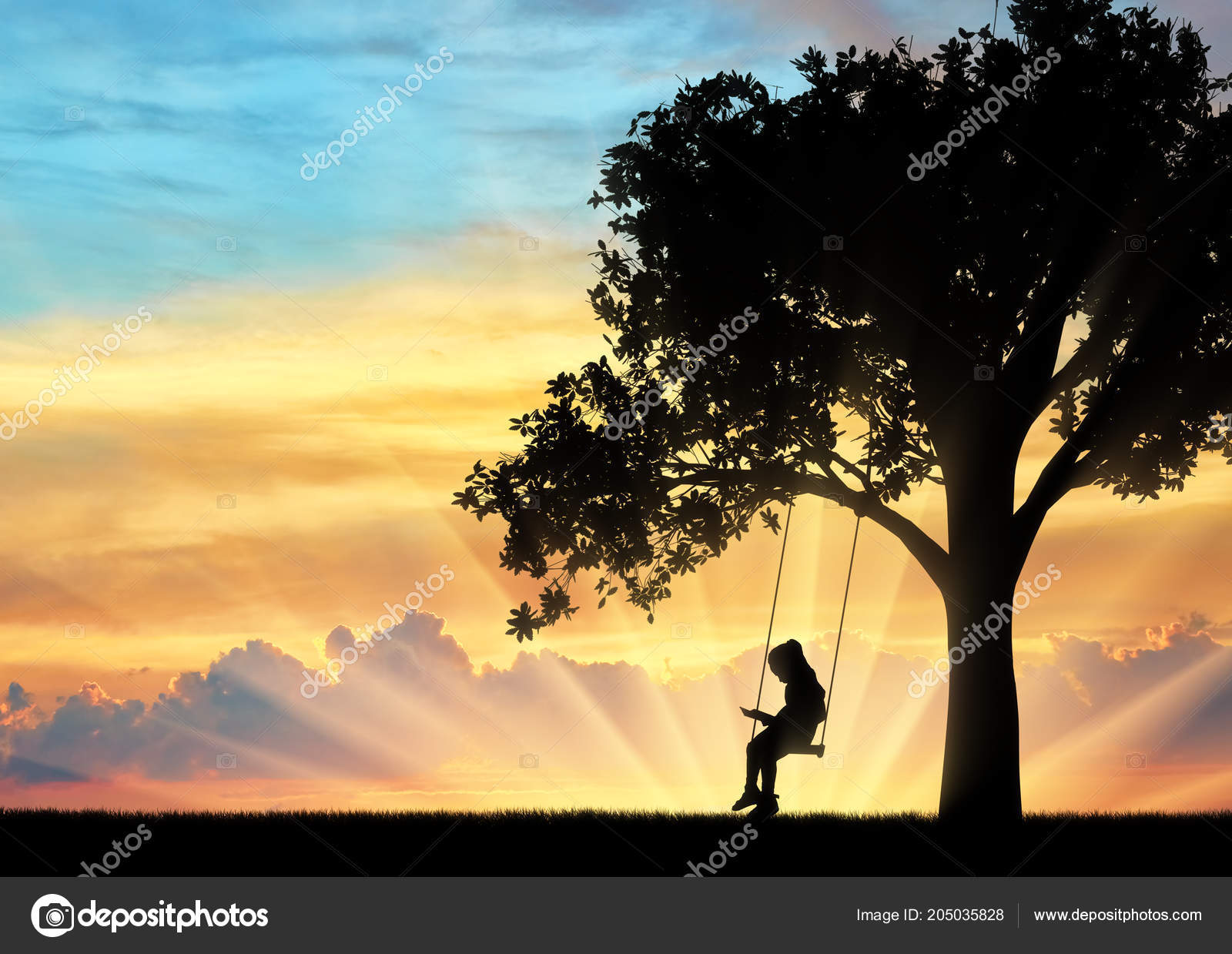 Little Girl Reading A Book Under A Tree