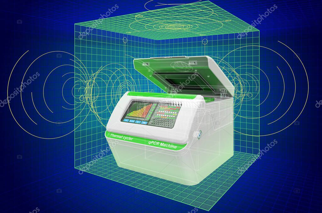 PCR Thermal Cycler, visualización modelo 3d cad, plano. Renderizado 3D 2023