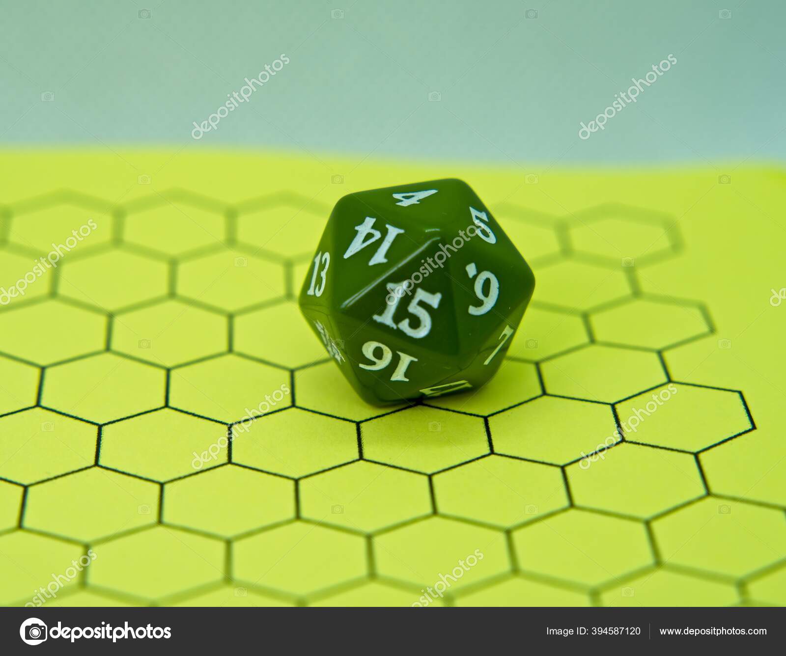 Role Playing Board Green Dice Top Pentagonal Shape — Stock Photo ...