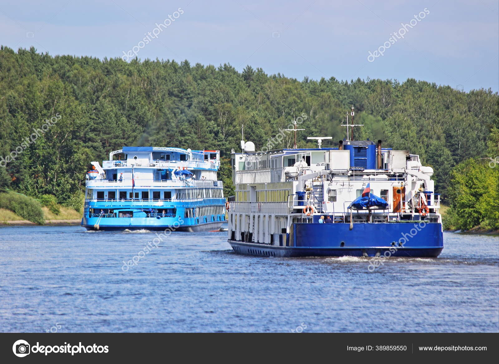 Two Blue Cruise Passenger Ship Floating Moscow Navigable Canal River ...