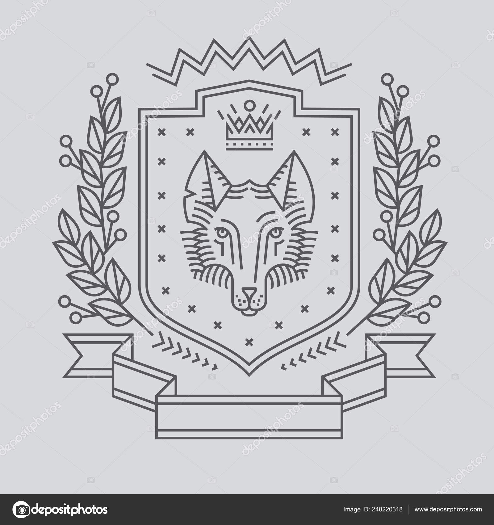 Wappen, Abzeichen mit Fuchskopf. Schleife, Motto, Lorbeerkranz, Bogen ...