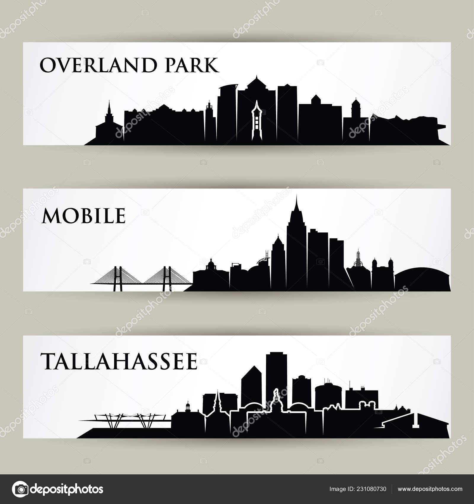 Overland Park Mobile Tallahassee Cities Skyline Buildings Vector ...