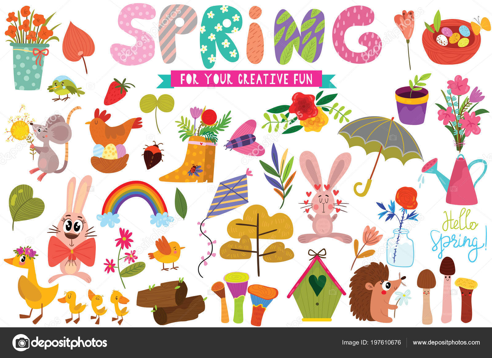 Big Set Spring Hand Drawn Elements Flowers Animals Rainbow Leaves Stock ...