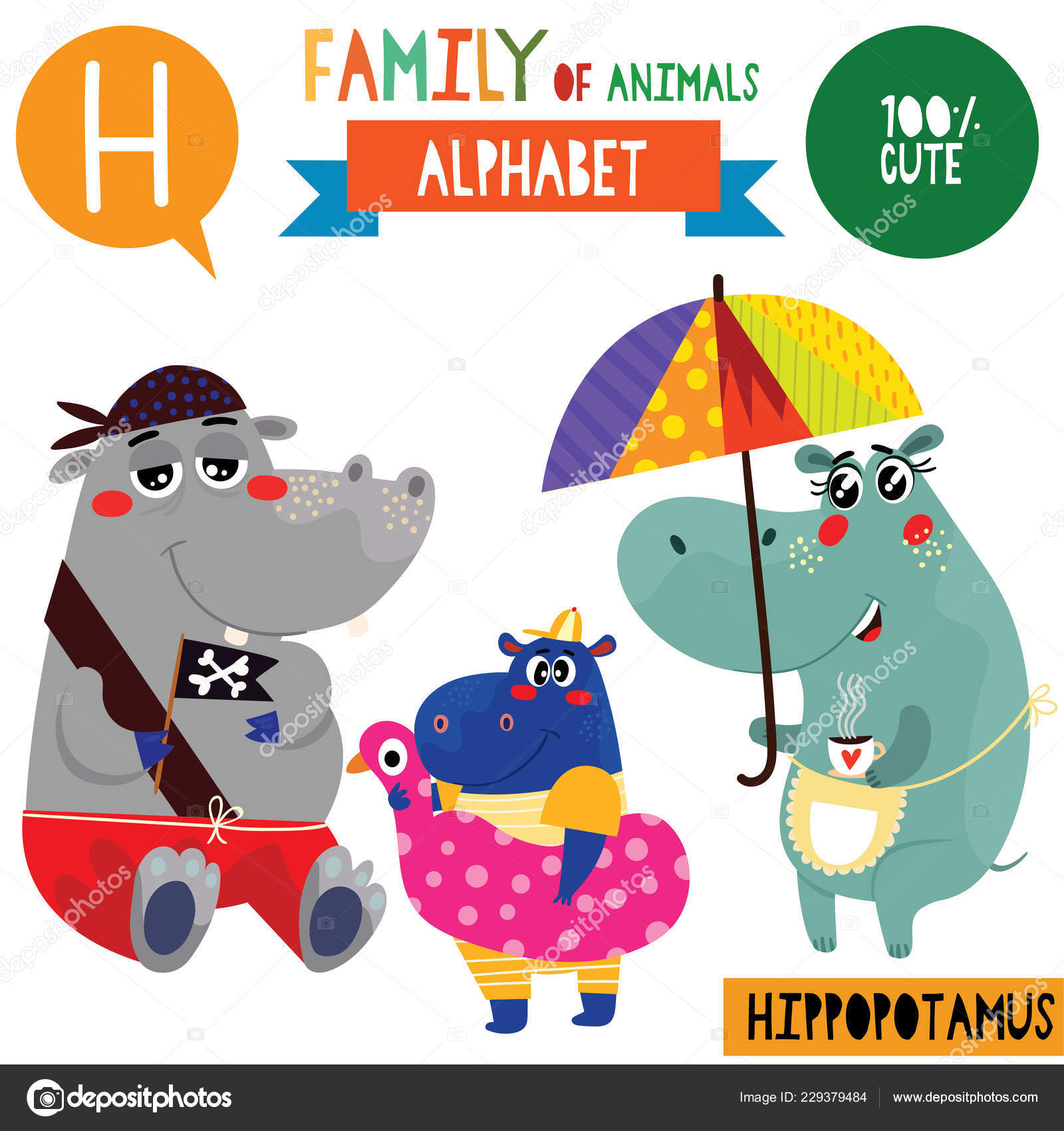 Cartoon Style Alphabet Banner Family Hippopotamus Animals Letter Vector ...