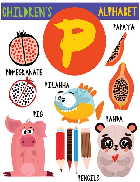 P letter objects and animals including penguin, pan, pear, pineapple ...