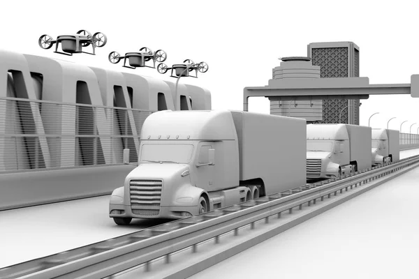 Clay rendering of fleet of American Trucks, cargo drones driving on the ...