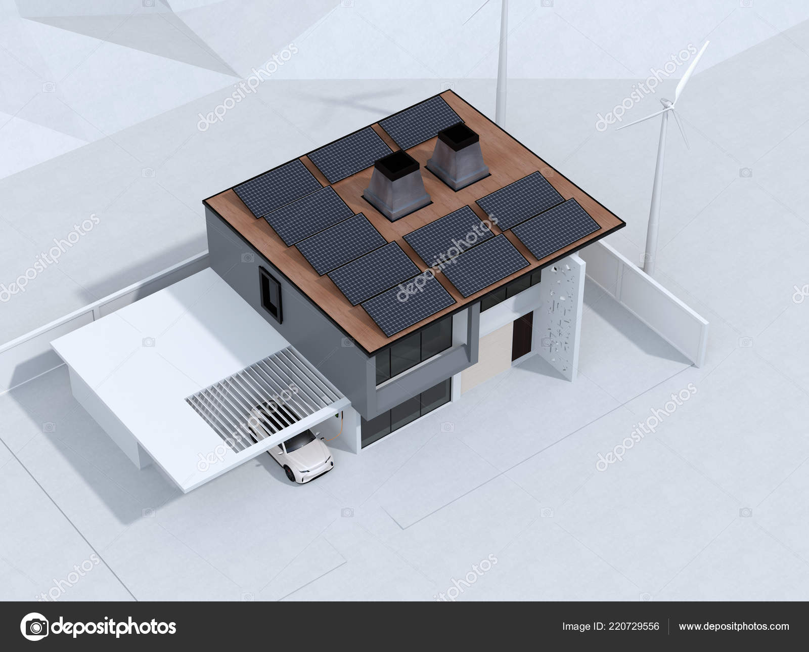 Electric Vehicle Recharging Garage Smart Home Powered Solar Panels Wind ...