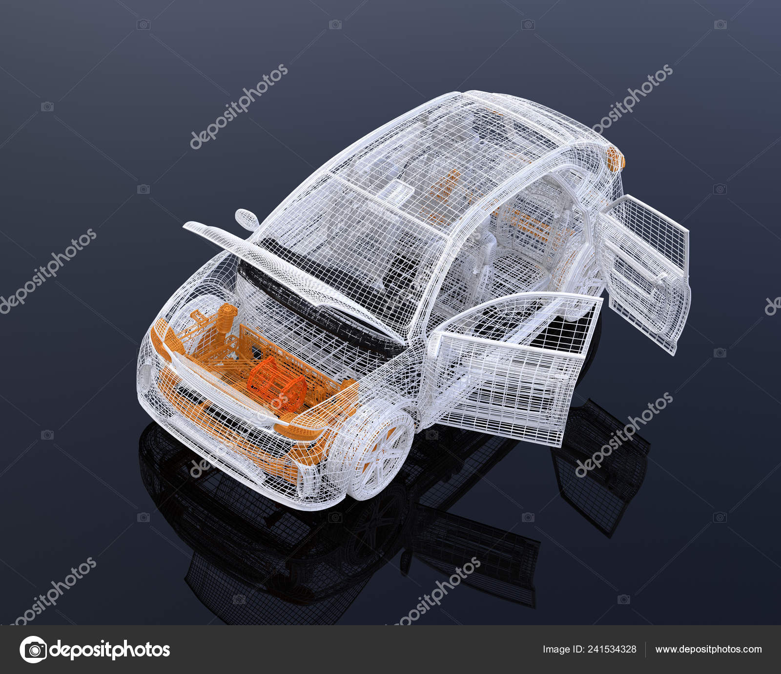 White Wire Frame Electric Suv Black Background Left Doors Hood Stock ...