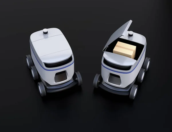 Self-driving delivery robots on black background. One's cover opened ...