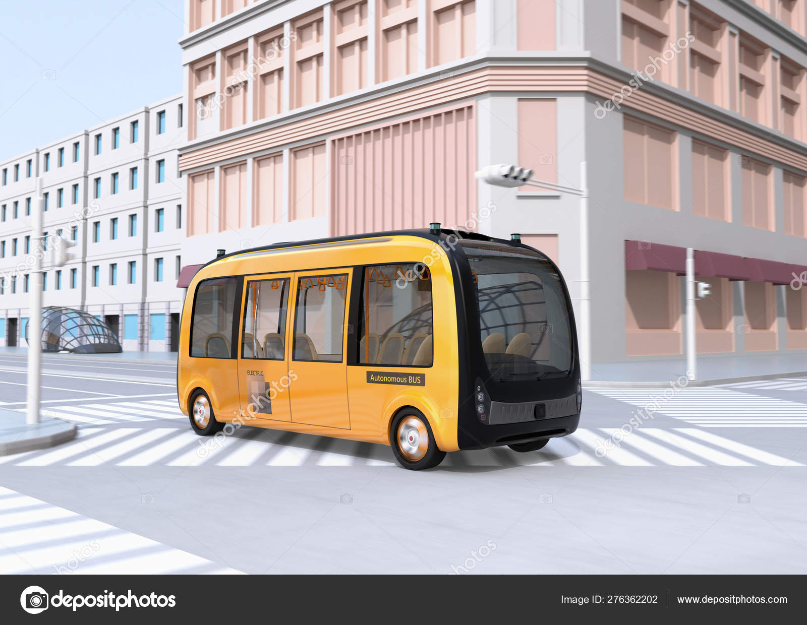Yellow Electric Powered Autonomous Shuttle Bus Driving Intersection ...
