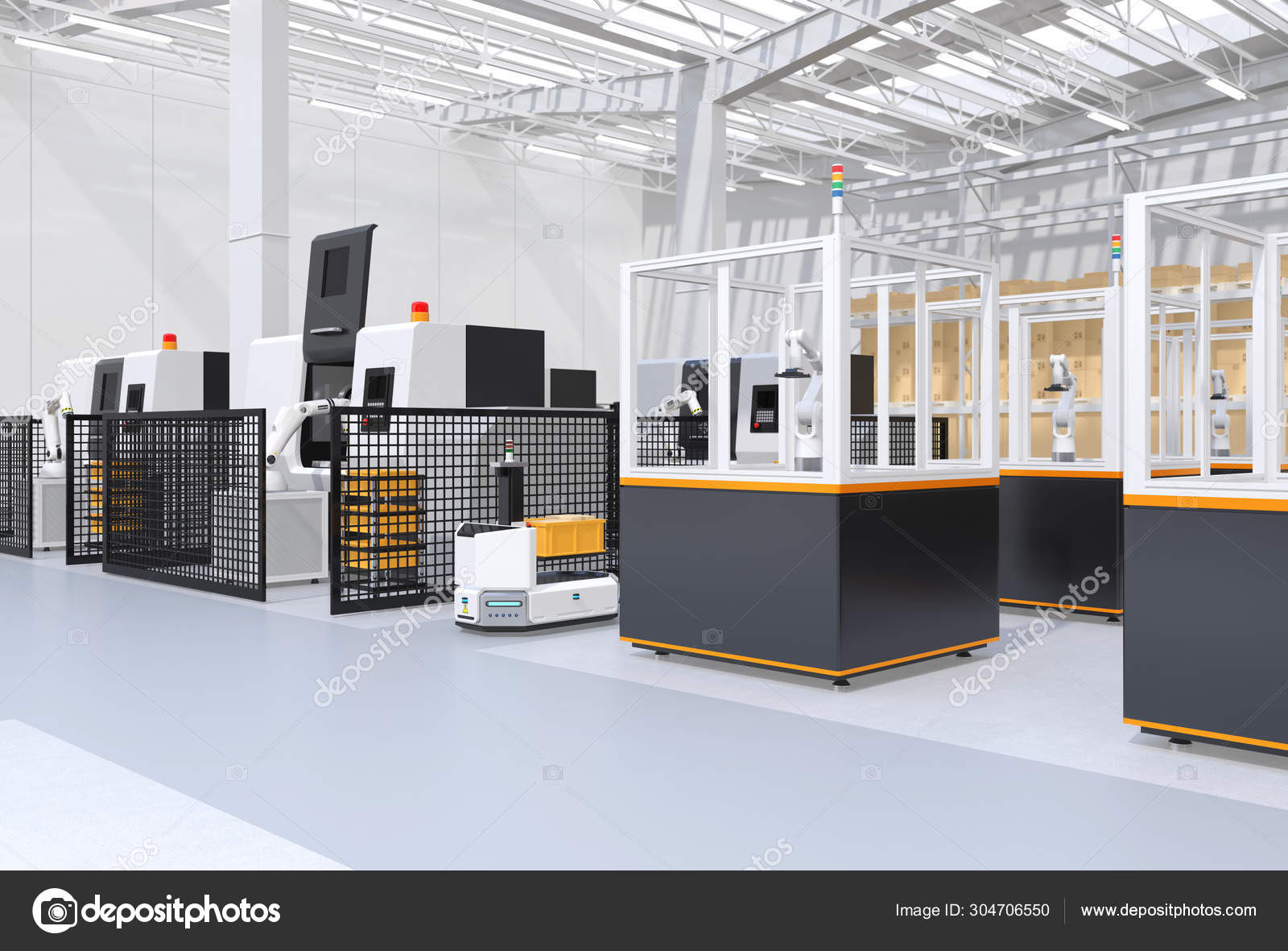 Agv Passing Robot Cell Production Units Cnc Machines Smart Factory ...