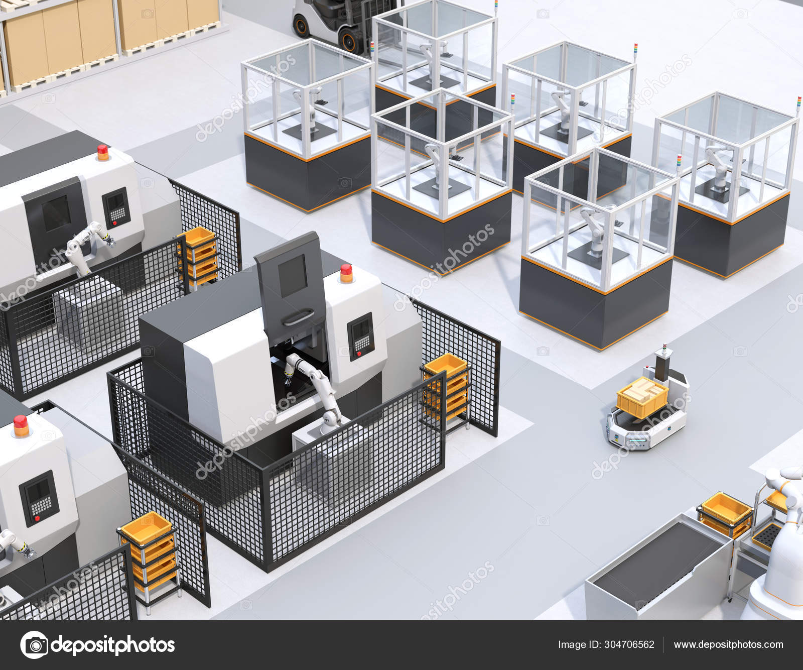 Agv Passing Robot Cell Production Units Cnc Machines Smart Factory ...