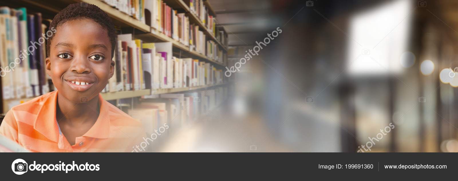 Digital Composite School Boy Education Library Transition — Stock Photo ...