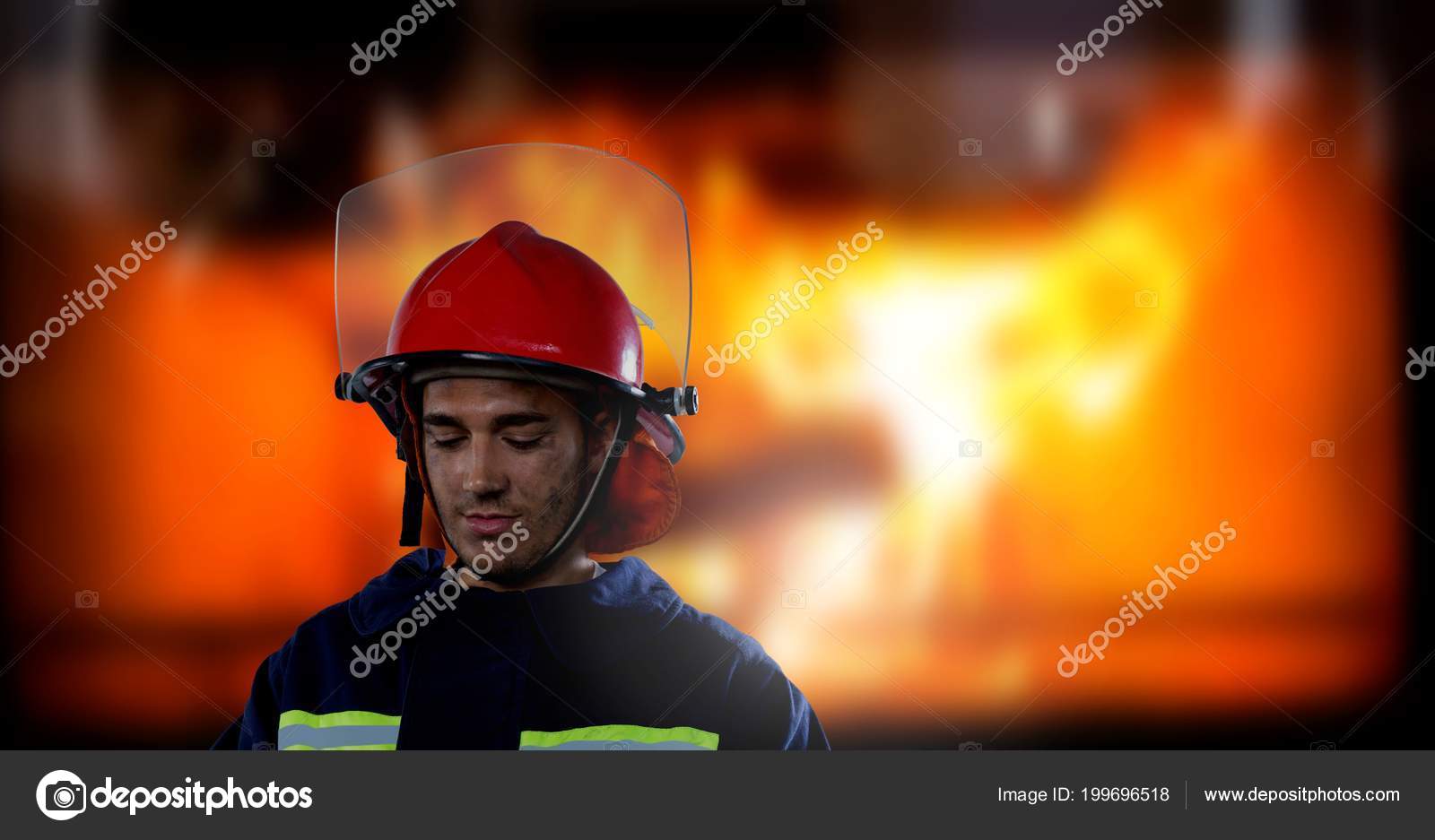 Digital Composite Firefighter Front Burning Fire Stock Photo by ...