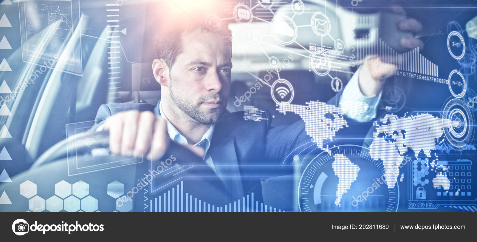 Technology Interface Man Driving Car Adjusting Mirrors Stock Photo by ...