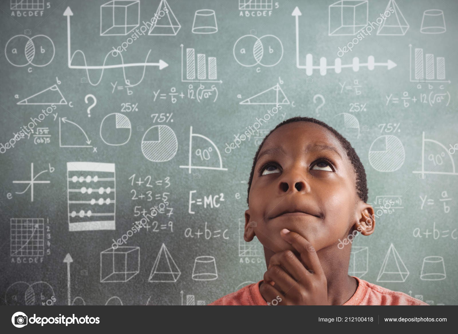 Maths Thoughtful Boy Greenboard Classroom Stock Photo by ...