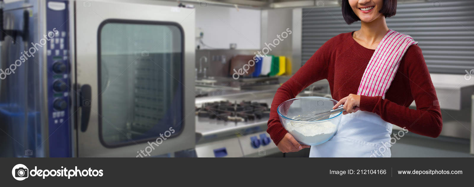 Smiling Female Chef Mixing Flour Bowl Whisk Stove Kitchen Stock Photo ...