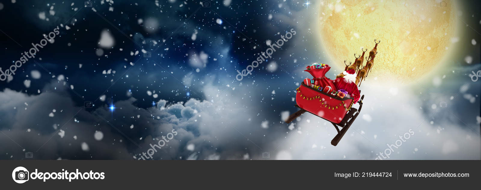 Snow Falling Stars Twinkling Night Sky Santa Claus Reindeer Sleigh ...
