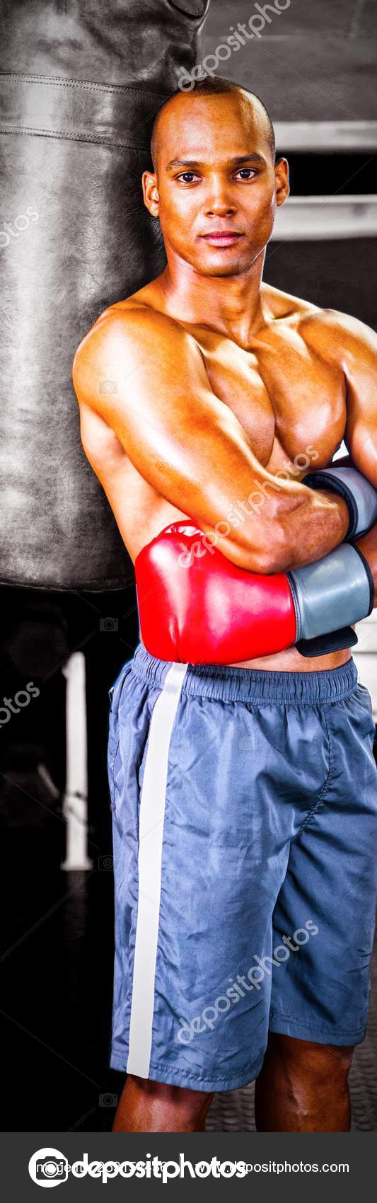 Portrait Confident Male Boxer Standing Arms Crossed Punching Bag ...