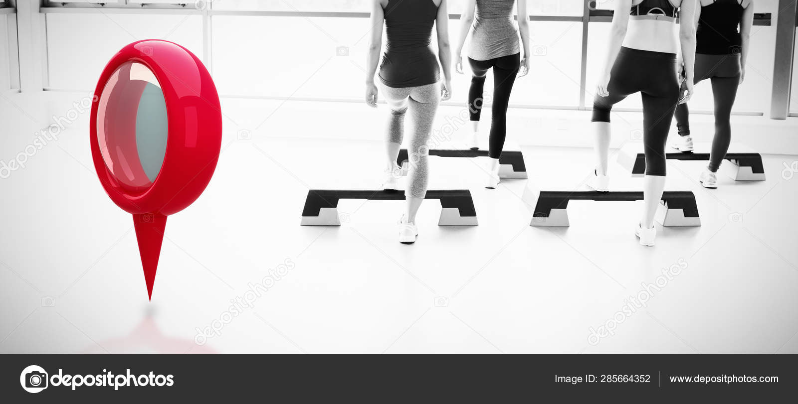 Four Women Stepping Boards Red Map Location Marker — Stock Photo ...