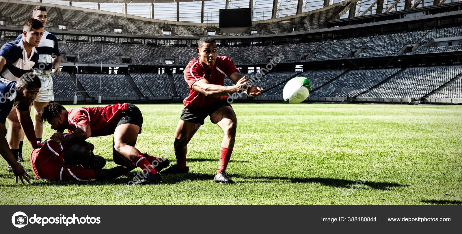Two Teams Multi Ethnic Rugby Players Playing Rugby Sports Stadium Stock ...