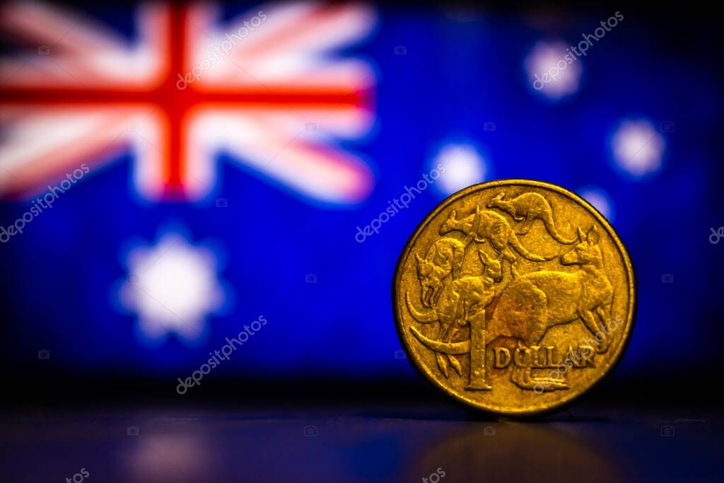 Moneda de dólar australiano aislada en el fondo de la bandera de ...