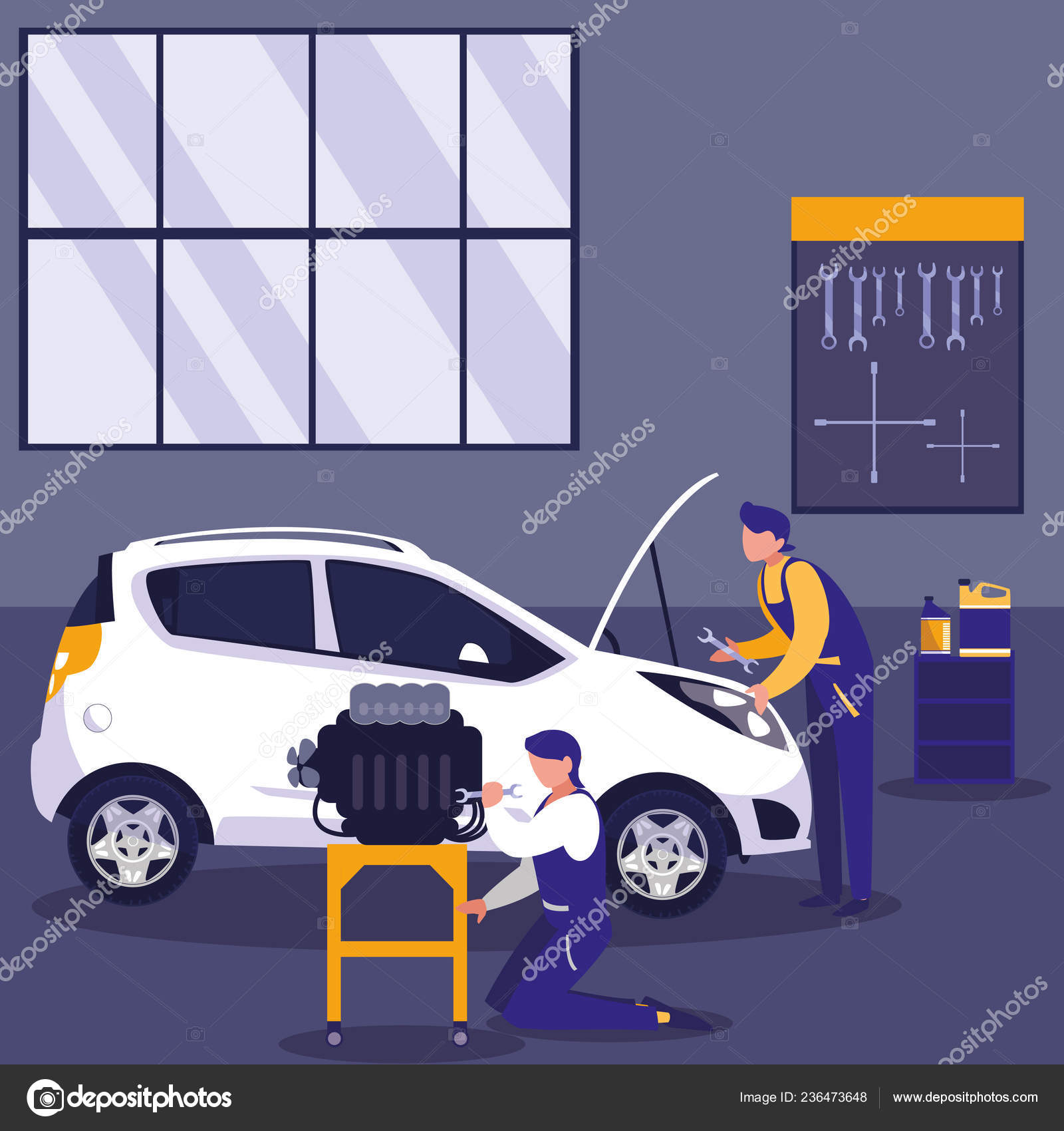 Car in maintenance workshop with mechanics team Stock Vector Image by ...