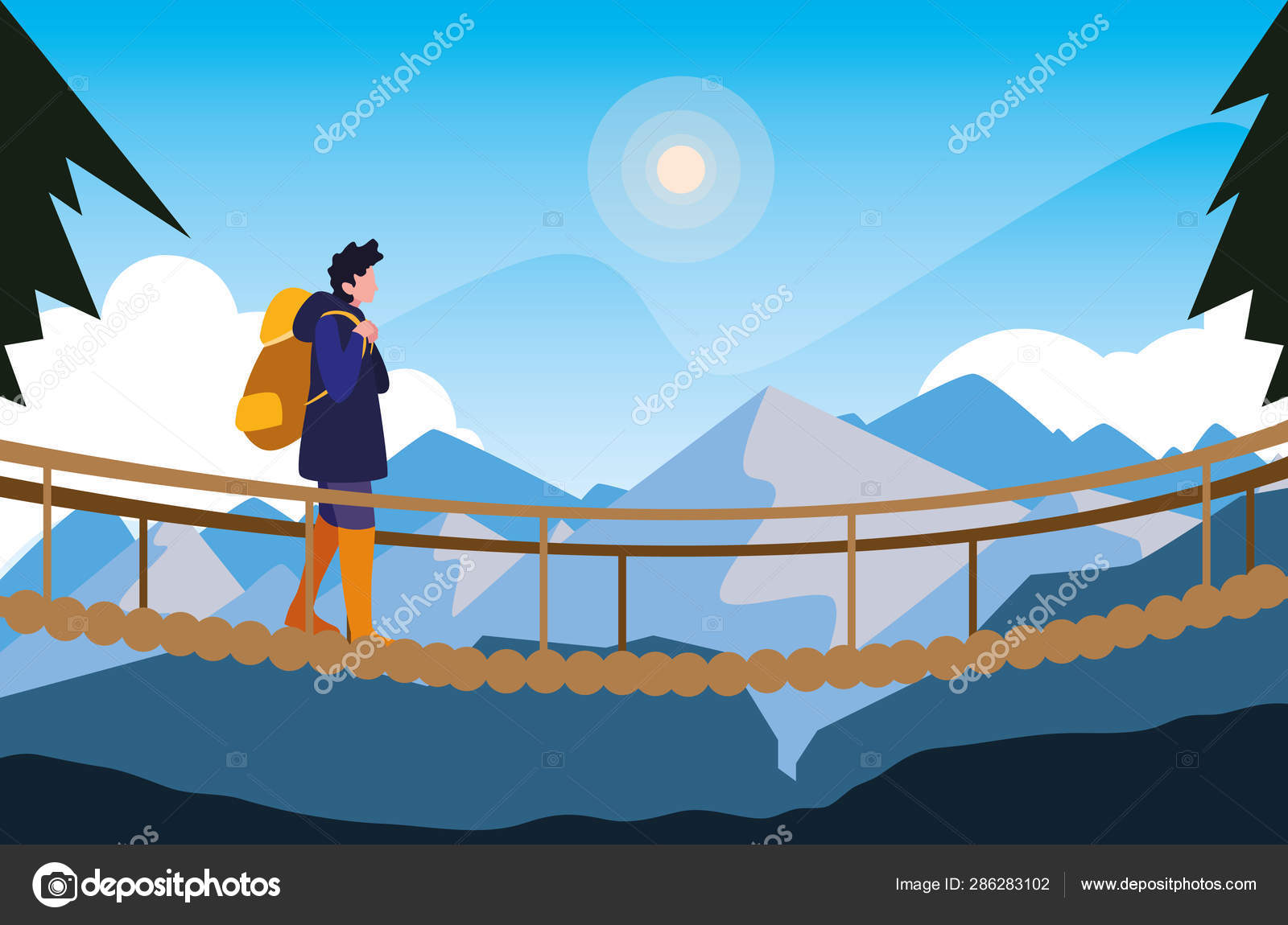 Hombre cruzando puente montañas paisaje Vector de stock #286283102 de ©djv