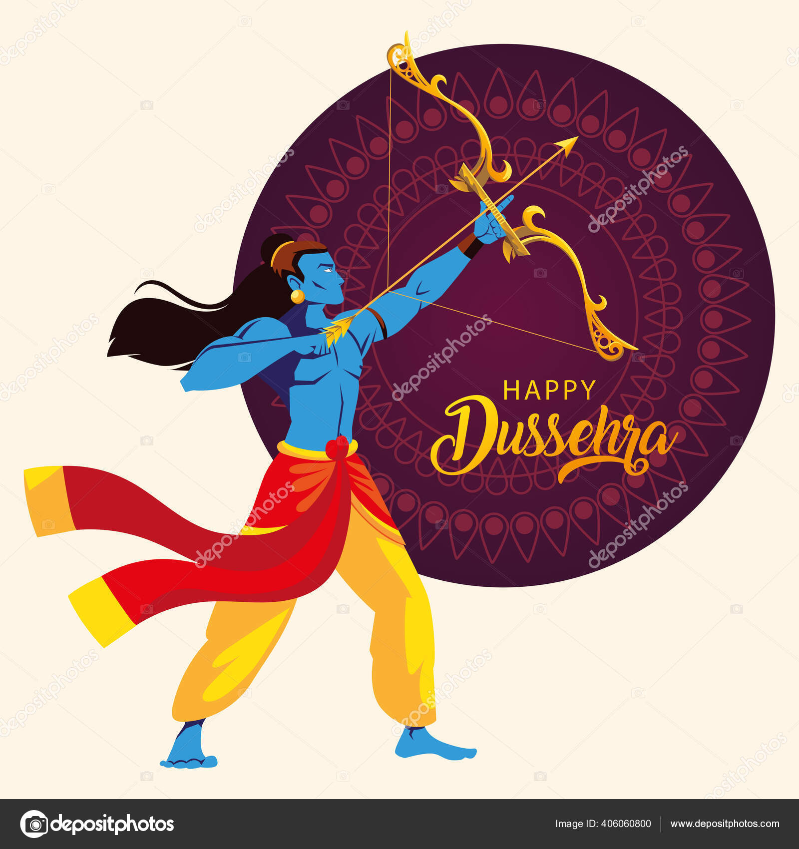 Dewa Rama dengan busur dan anak panah, teks bahagia Dussehra Vektor ...