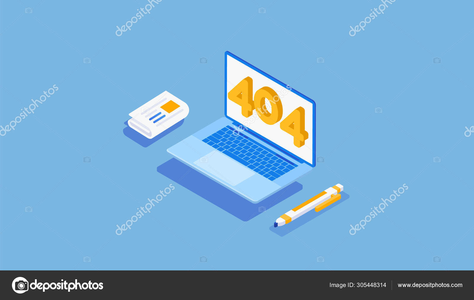 Isometric numbers 404 with errors and pen on a blue background. Stock ...