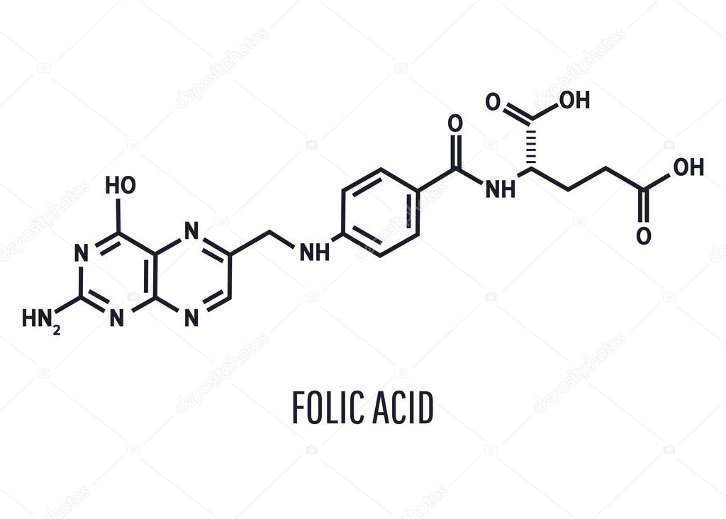 Fórmula química de ácido fólico o vitamina B9 sobre fondo blanco ...
