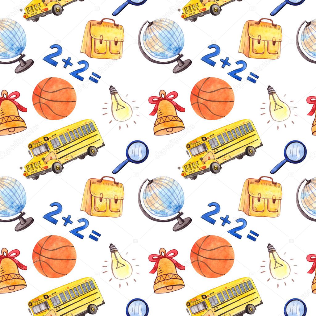 Patr n de acuarela sin costuras con elementos escolares. Con autob s escolar, pelota, globo y ...