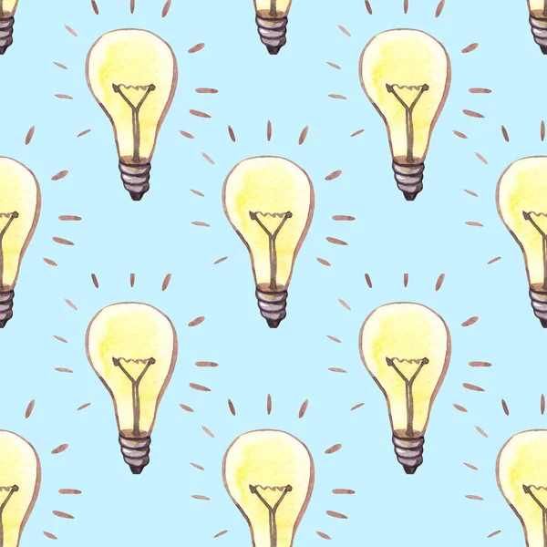 Seamless watercolor pattern with yellow light bulbs on a blue ...