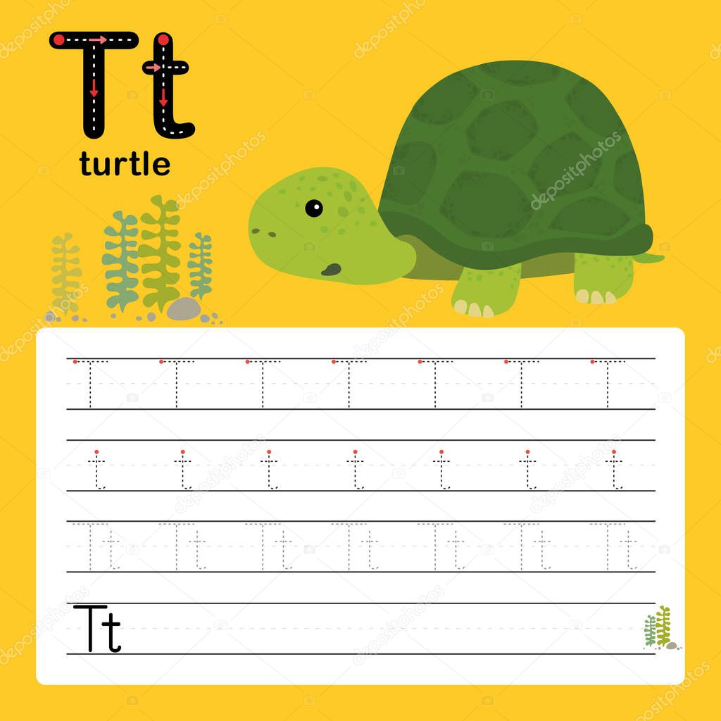 T, tortuga, hoja de trabajo de trazado del alfabeto para preescolar y ...