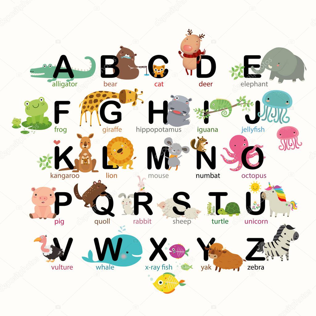 alfabeto de animales A-Z para niños, ilustración vectorial 2022