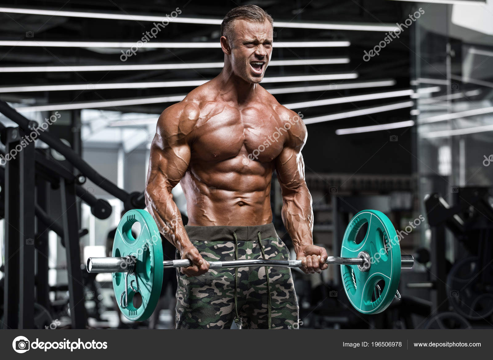 工作在健身房锻炼与杠铃在强烈的男性裸体躯干 Abs 的二头肌肌肉男 ——图库图片 © Nikolas_jkd #196506978