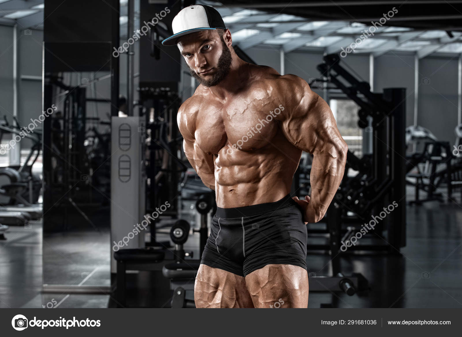 Muscular Man Showing Muscles Gym Workout Strong Bodybuilding Male Stock ...