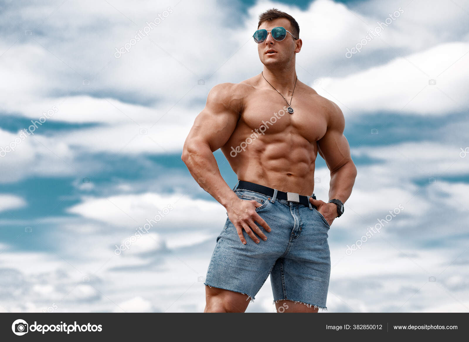Muscular Man Showing Muscles Sky Background Strong Male Naked Torso ...