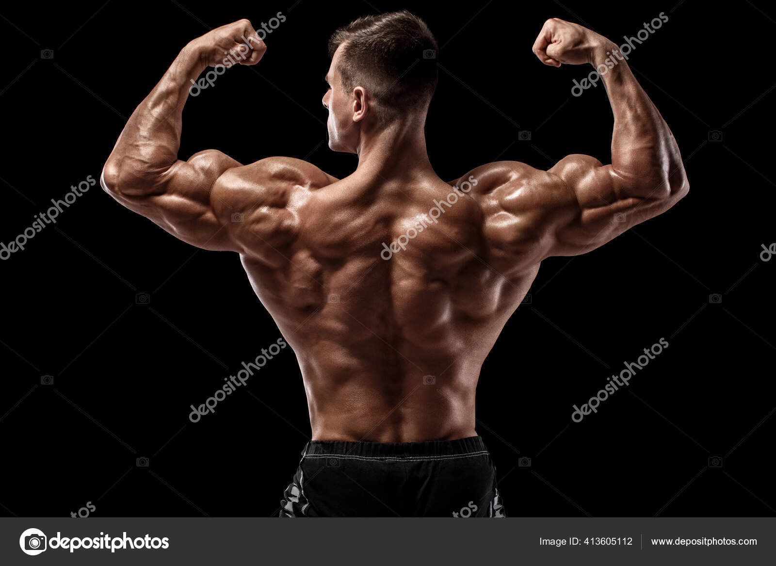 Muscular Man Showing Back Muscles Isolated Black Background Strong Male ...
