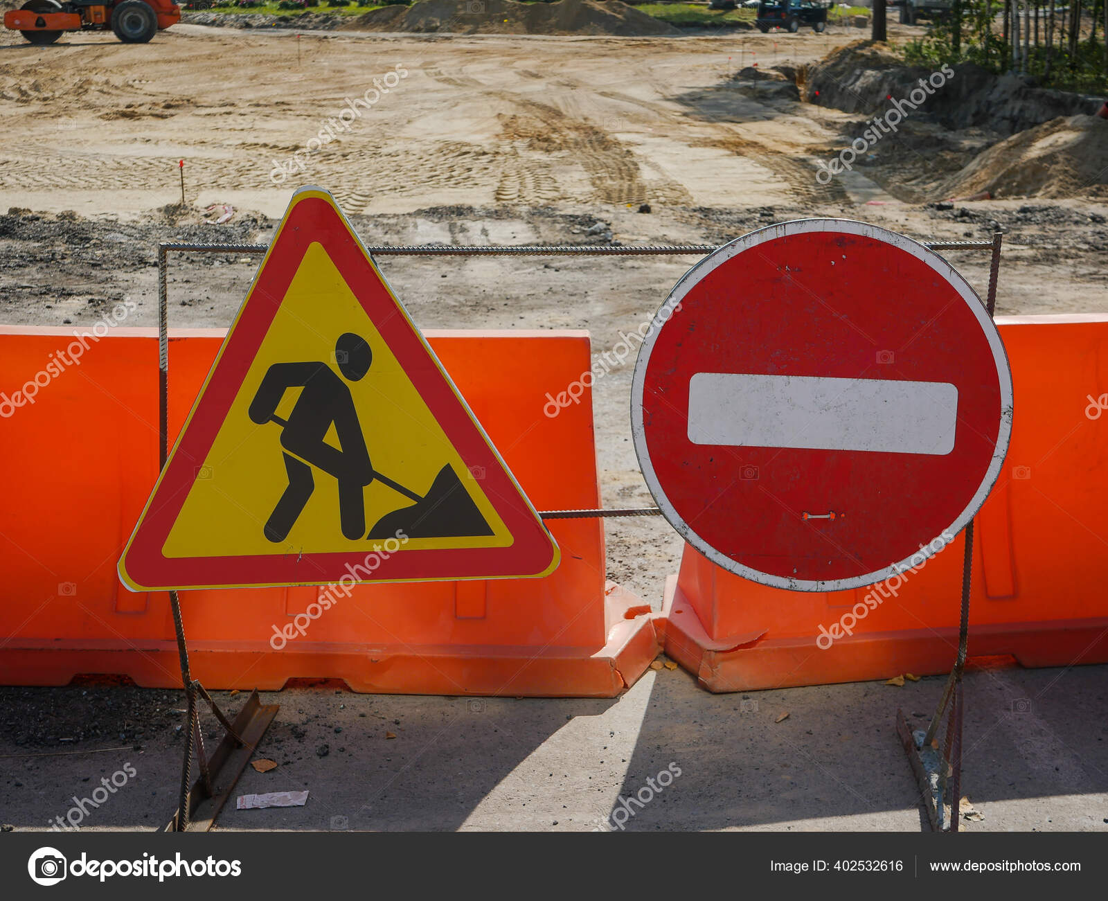 Several Yellow Plastic Roadblocks Stand Background Forbidding Signs ...