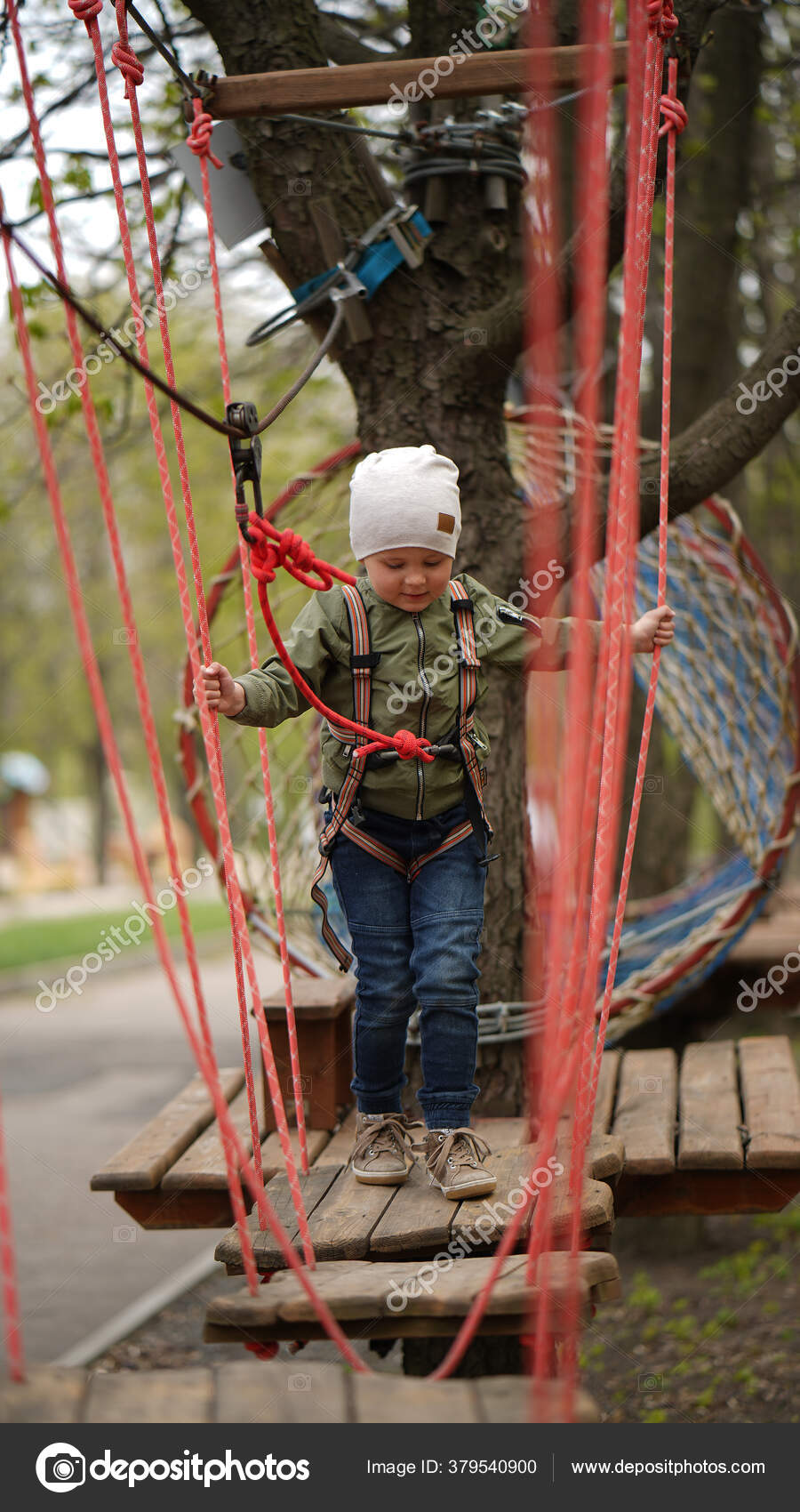 Brave Little Boy Walking Rope Bridge Adventure Rope Park — Stock Photo ...