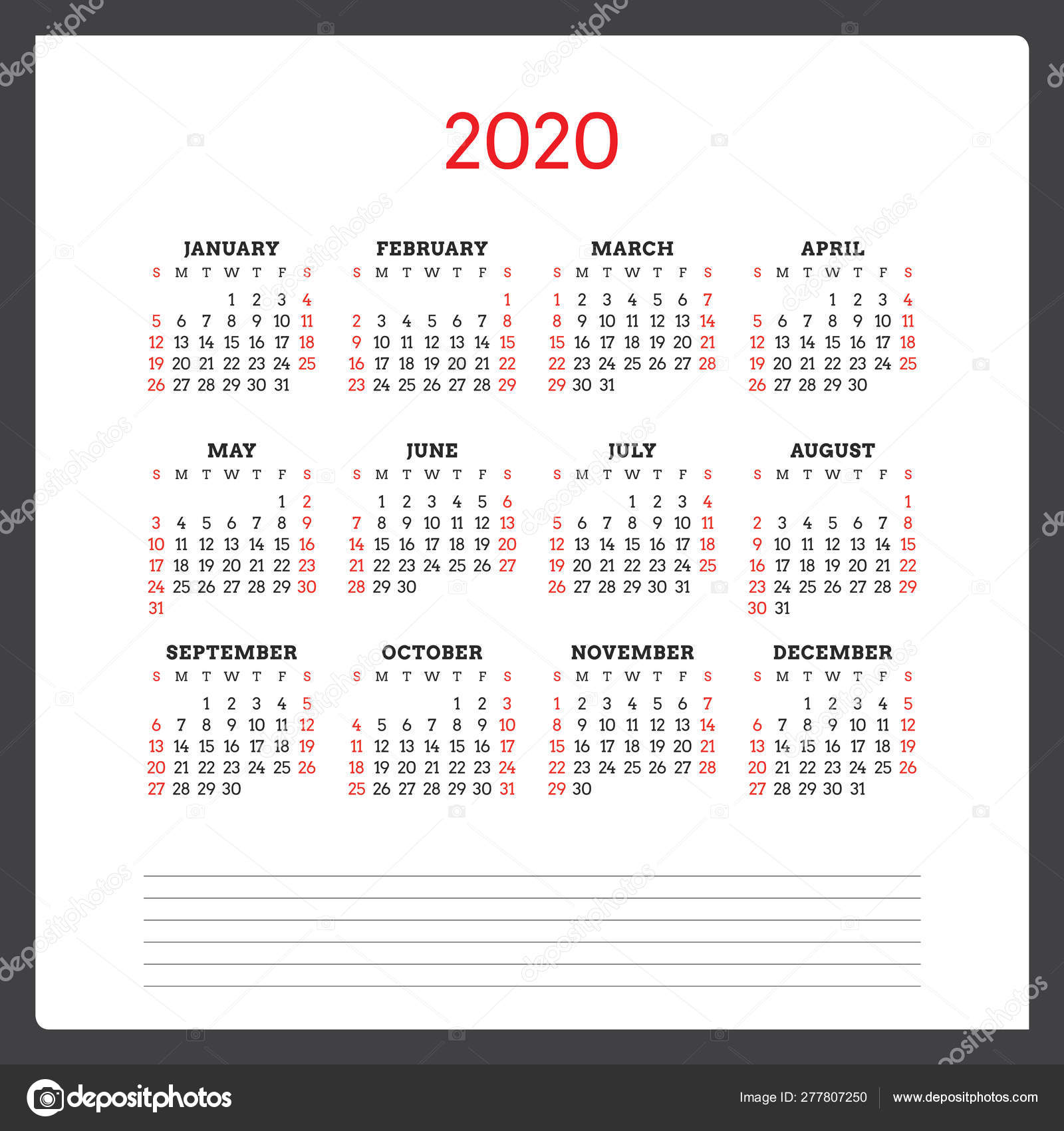 Calendario para 2020 año. La semana comienza el domingo. Plantilla de ...