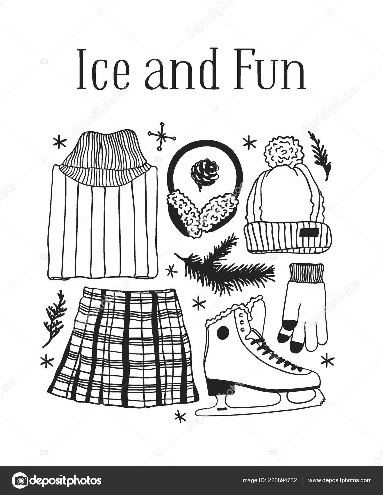 Hand Drawn Set Ice Skating Things Winter Sport Vector Background Stock ...